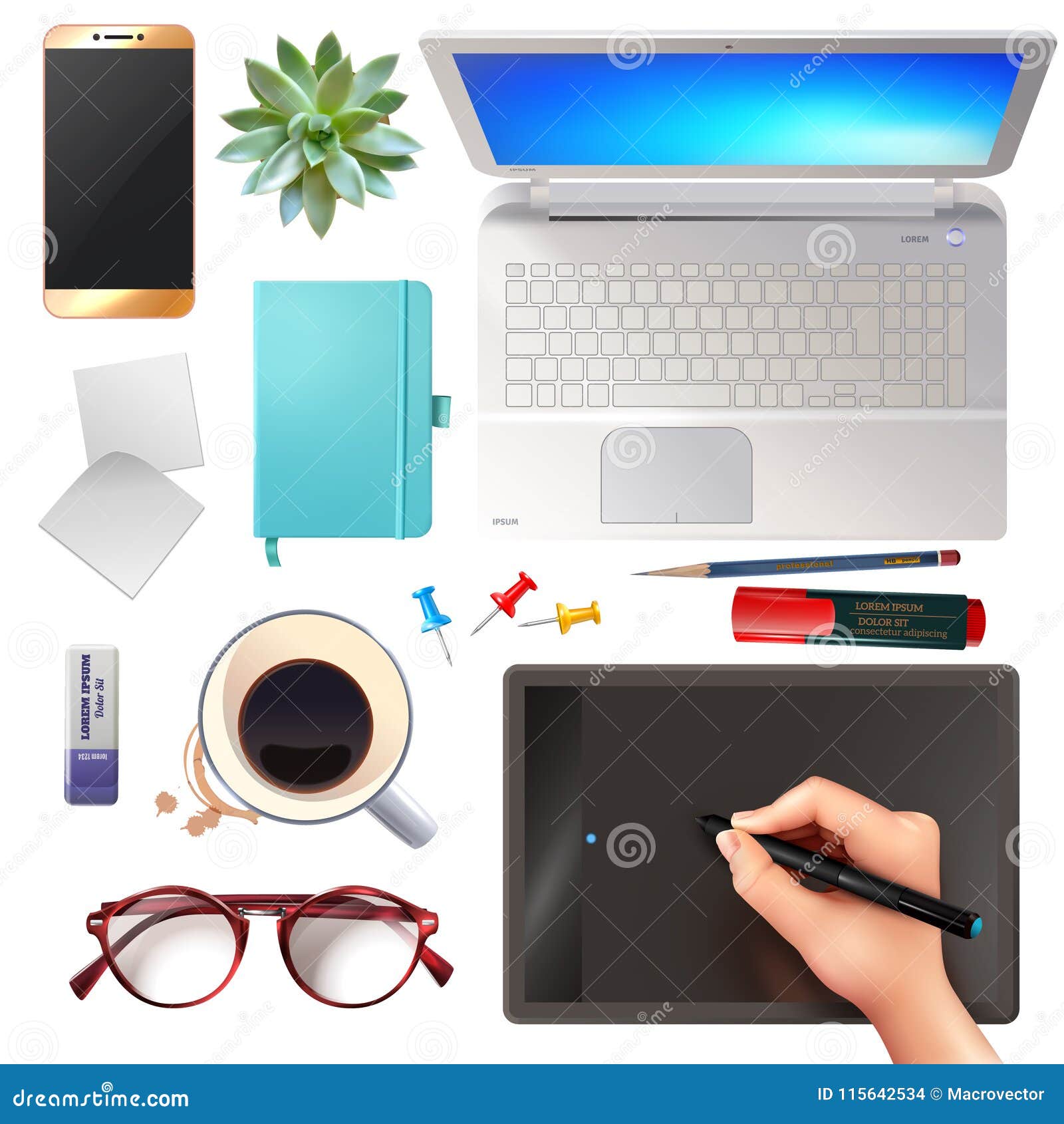 3D Office Objects Set stock vector. Illustration of gadget - 115642534