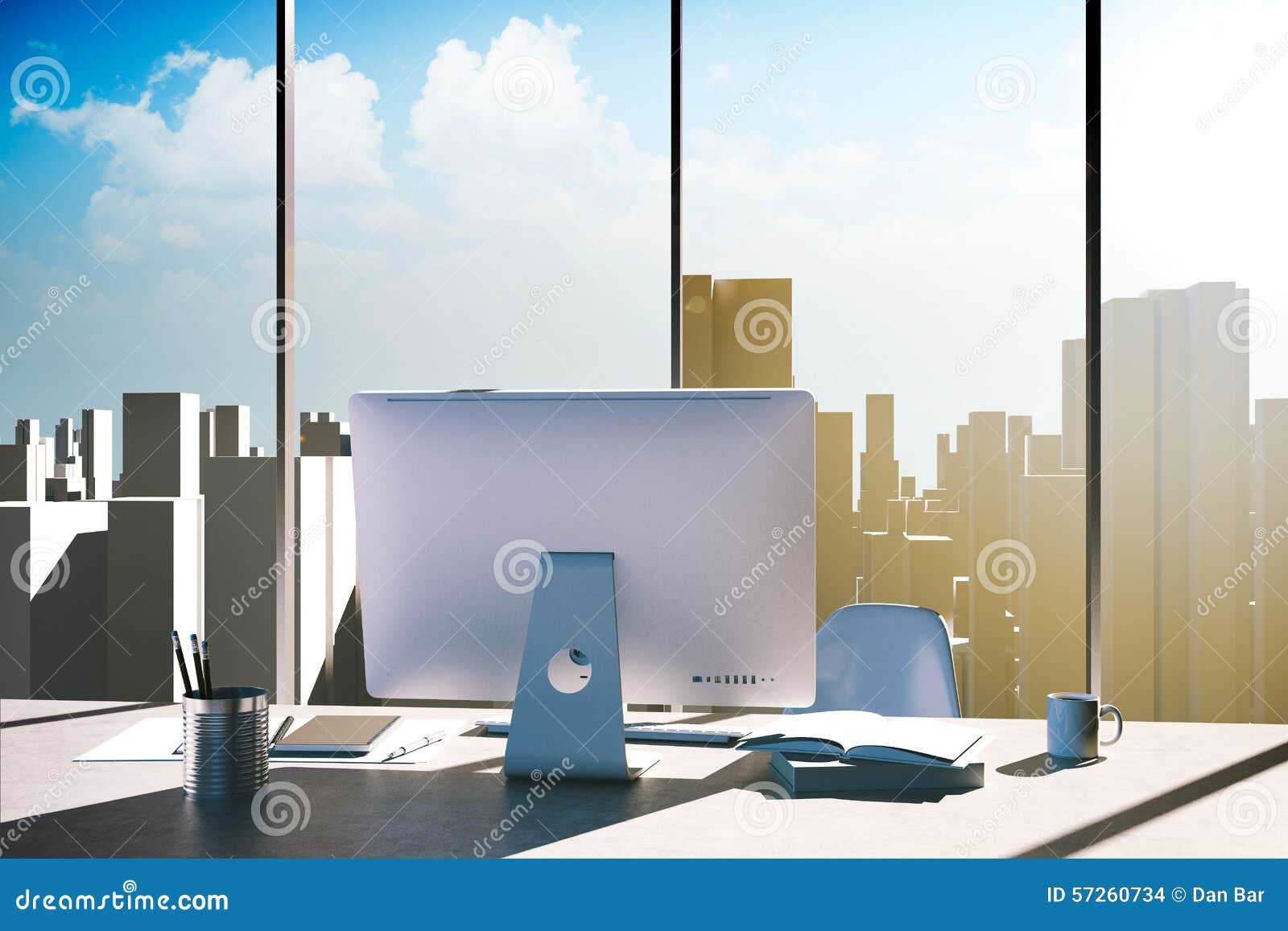 3d Office Workplace with Skyline in the Background Stock Illustration ...
