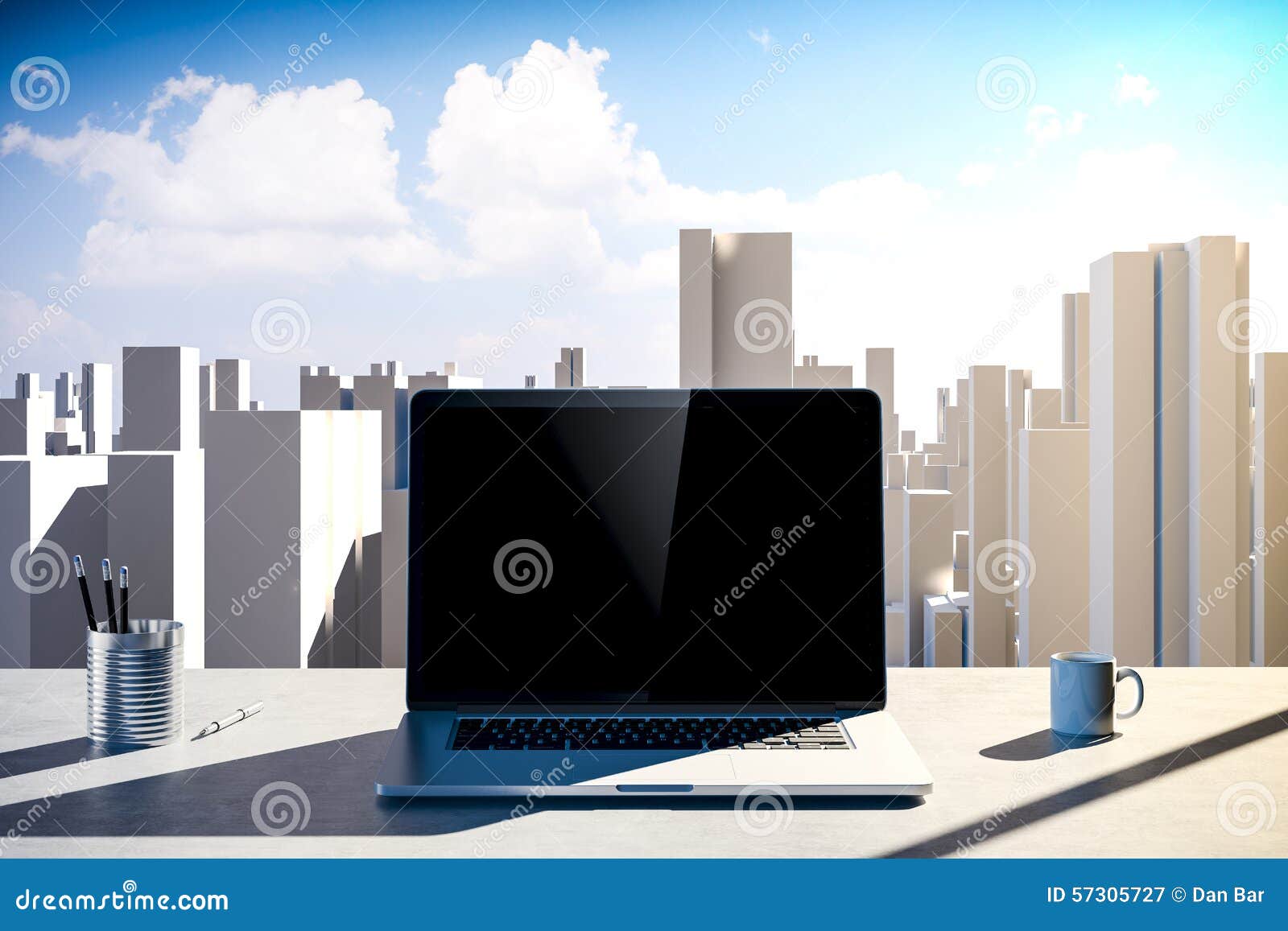 3d Office Workplace with Skyline in the Background Stock Illustration ...