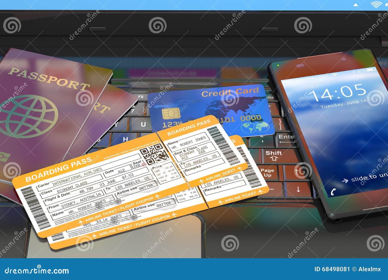 3d Online Travel Tickets Booking on Laptop Stock Illustration ...