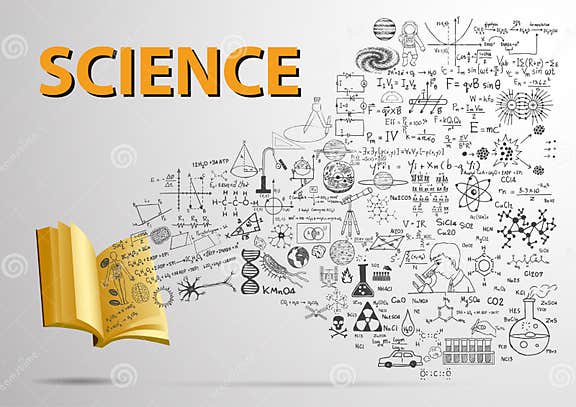 3D Open Book with Science Doodles Flying into the Book Stock Vector ...