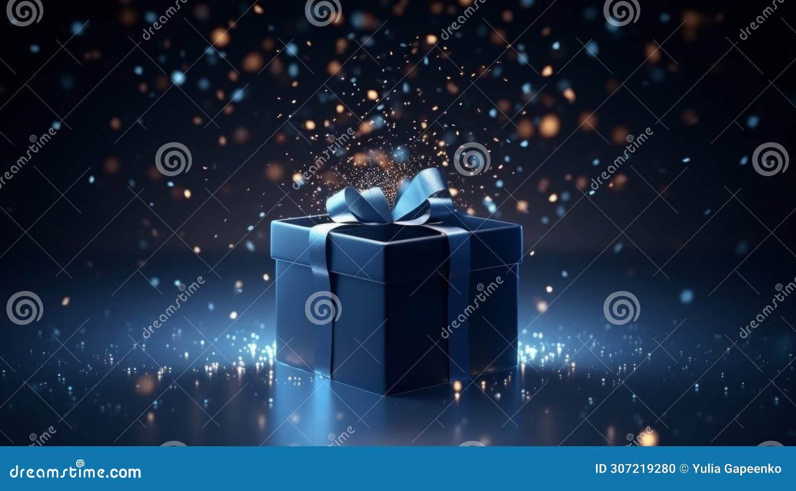 3d Open Dark Blue Box with Bow. a Bright Light with Confetti Sparkles ...