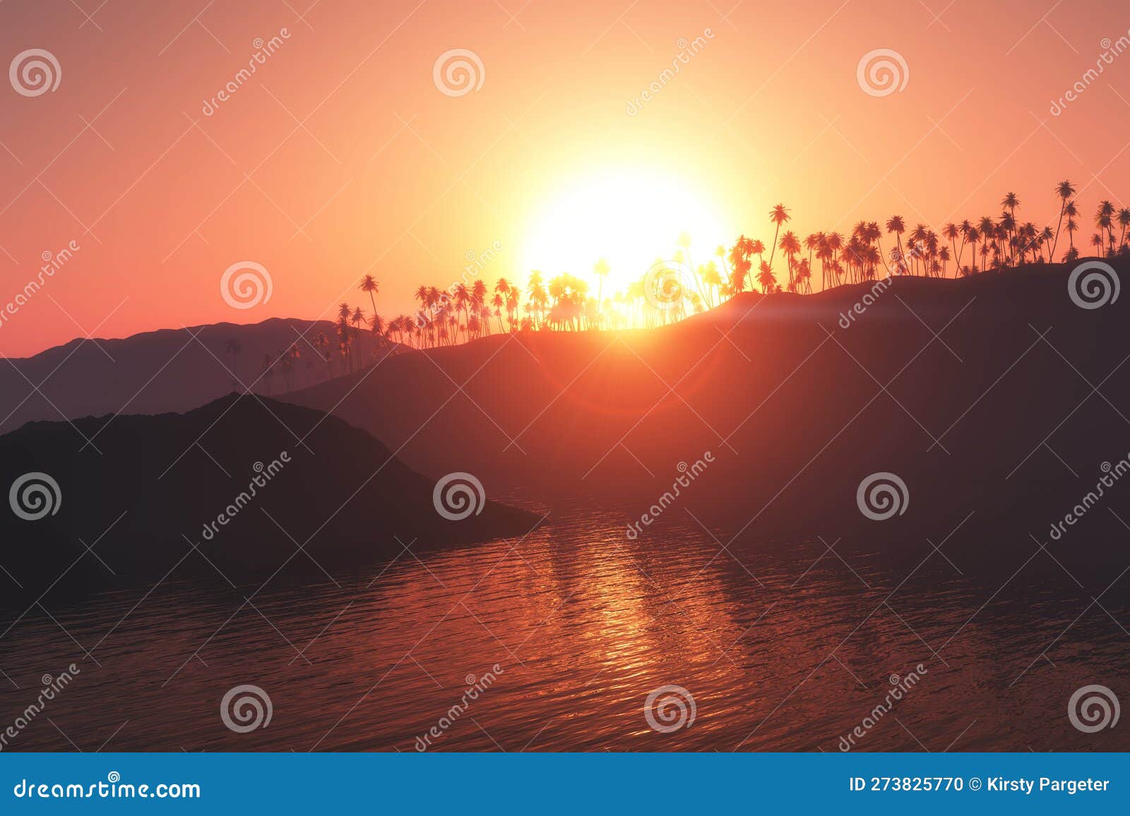 3D Palm Tree Island Against a Sunset Sky Stock Illustration ...