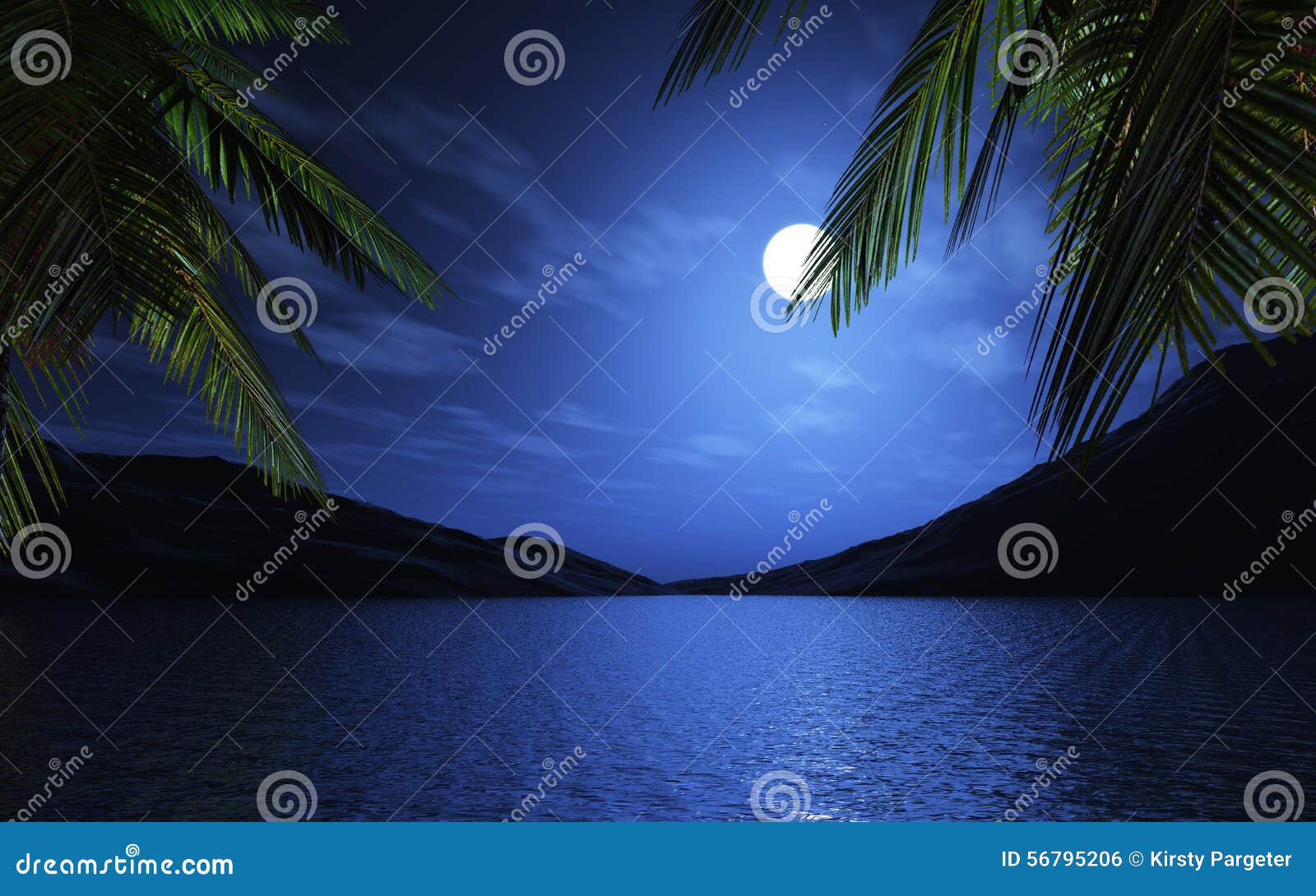3D palm trees at moonlight stock illustration. Illustration of ...