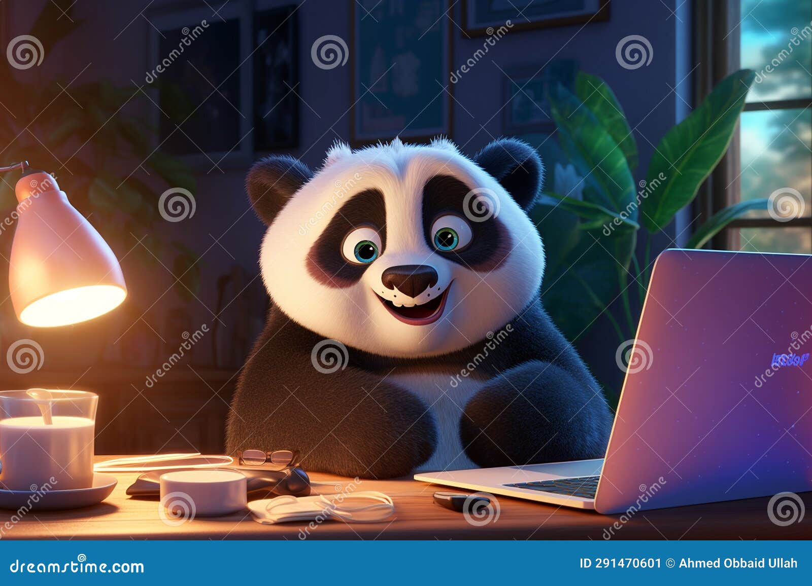 3D Panda Bear at the Laptop Stock Illustration - Illustration of panda ...