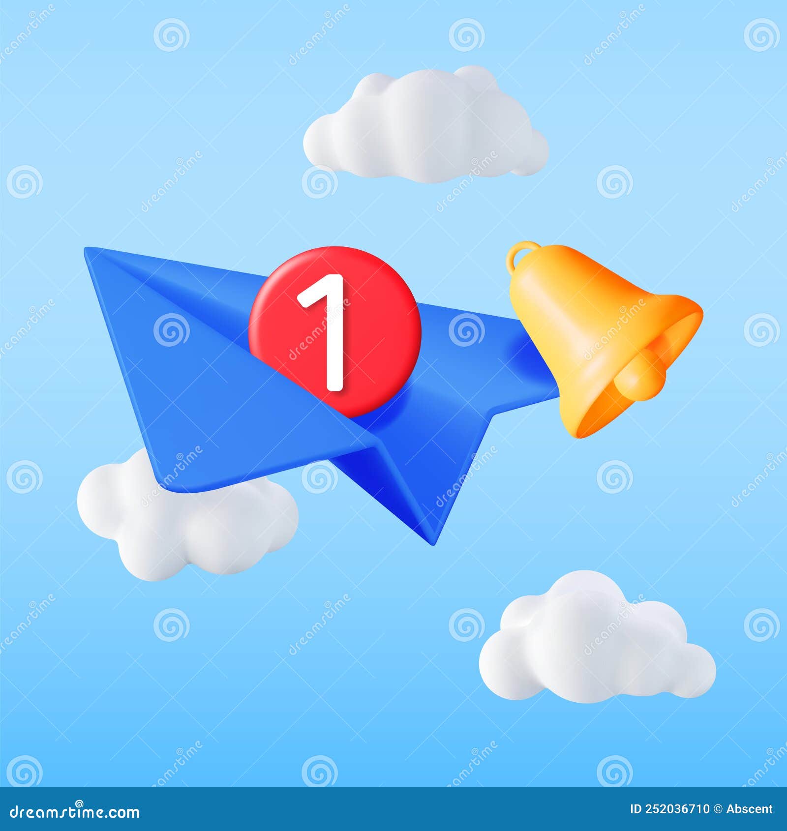 3D Paper Plane with Bell and Notification Message Stock Vector ...