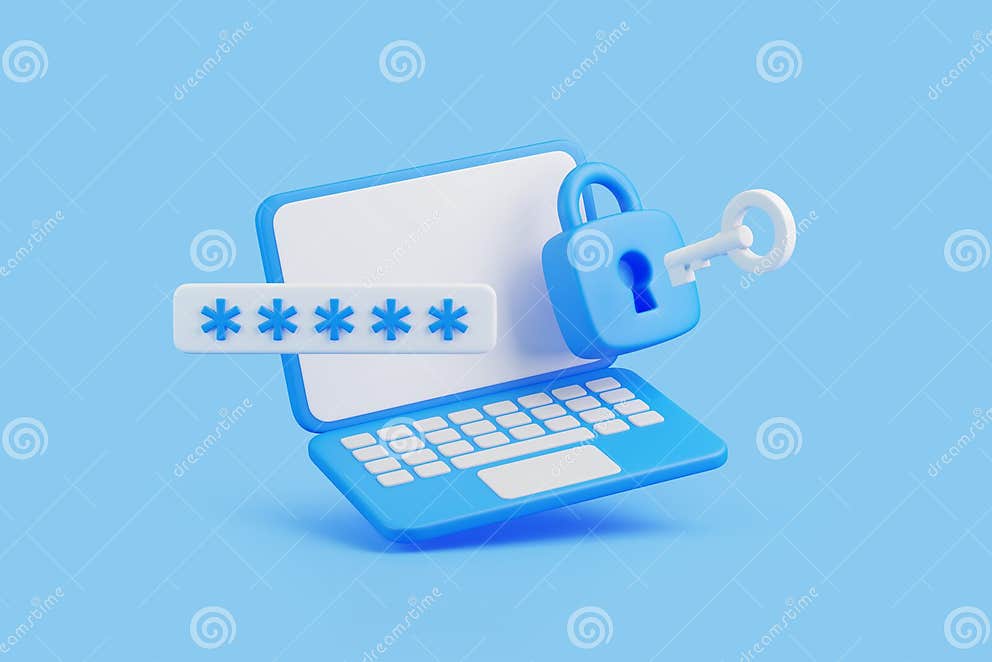 3D Password Protection with Lock and Key on Laptop Stock Illustration ...