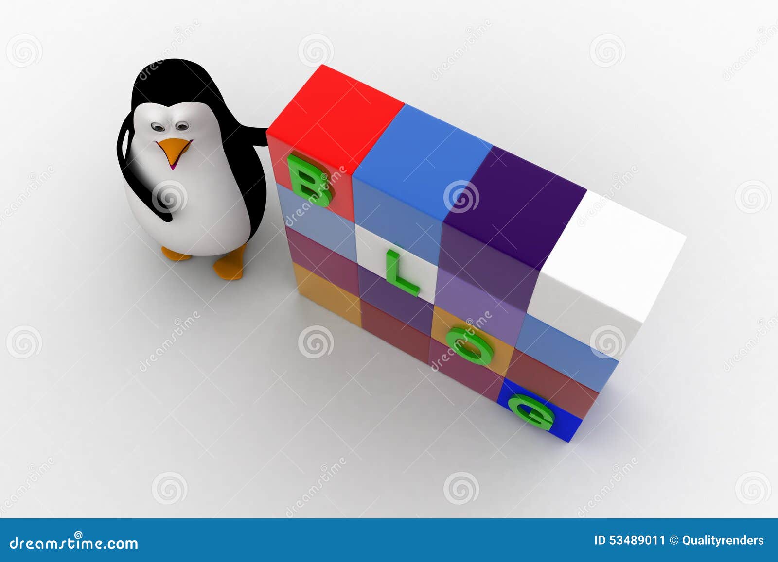 3d Penguin with Blog Cubes Concept Stock Illustration - Illustration of ...