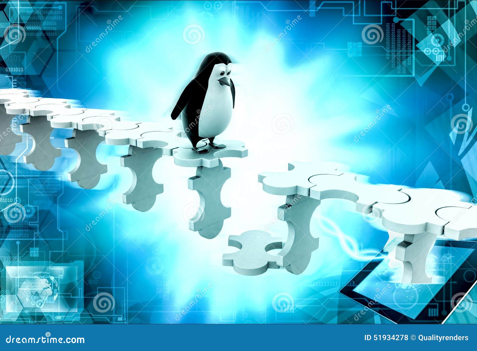 3d Penguin Broken Bridge Of Puzzle Concept Stock Illustration ...