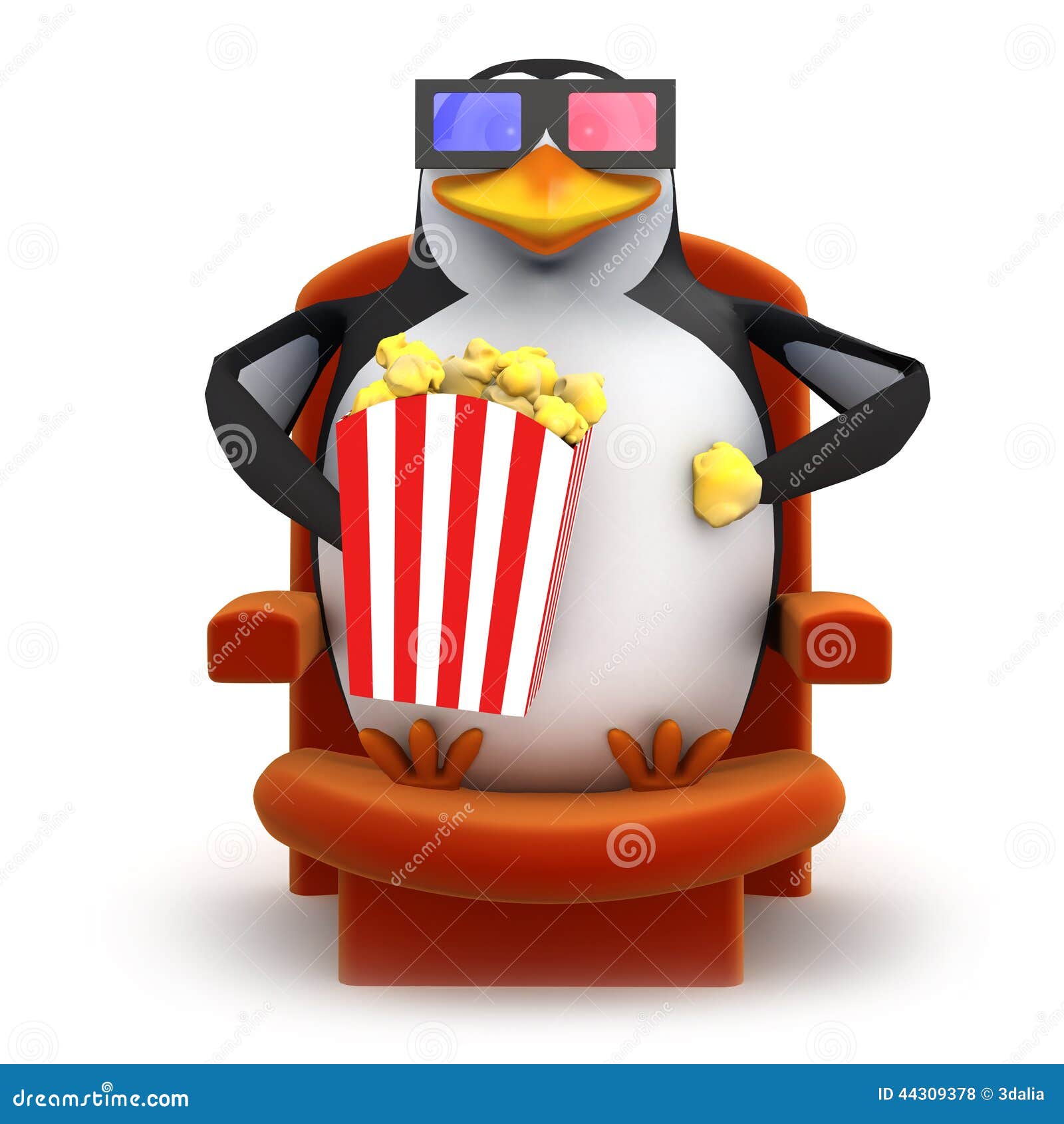 3d Penguin Eats Popcorn Whilst Watching a 3d Movie Stock Illustration ...