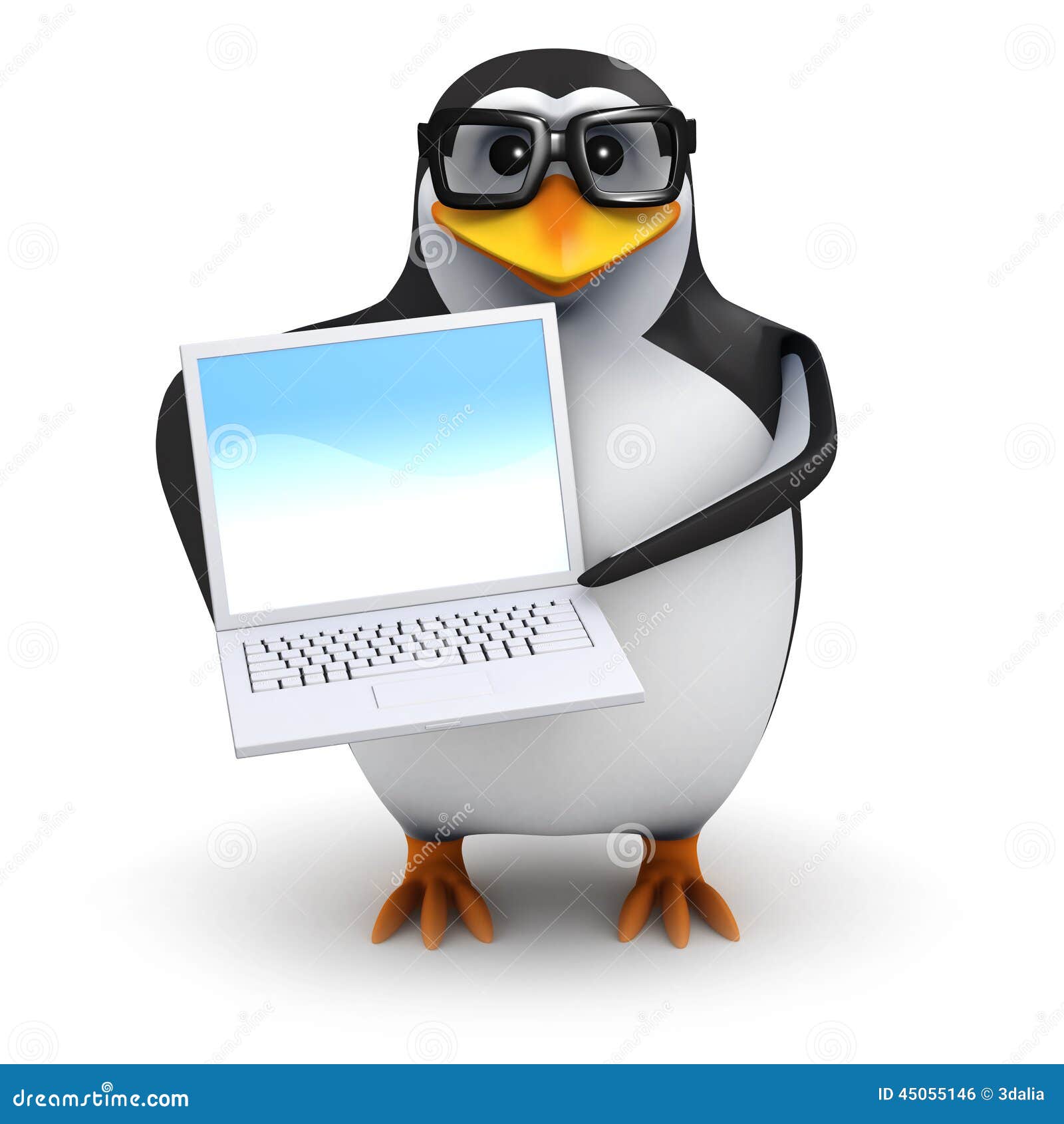 3d Penguin Holding Up His New Laptop Pc Stock Illustration ...