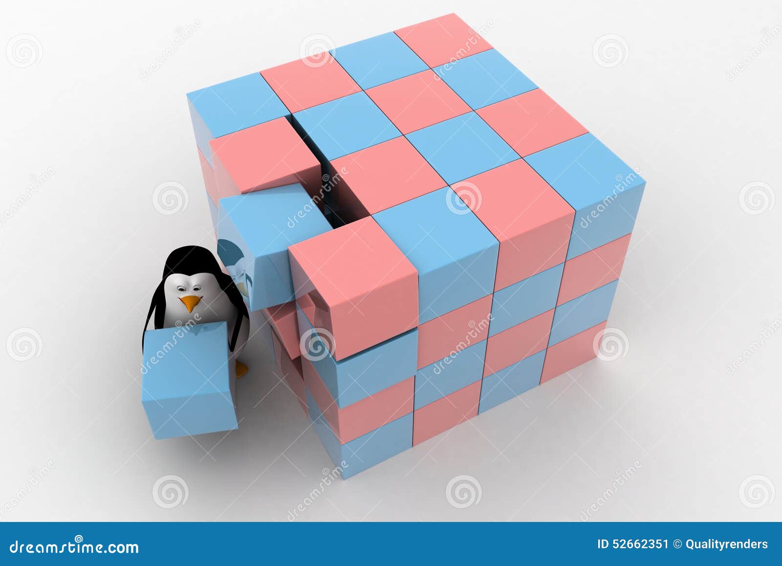 3d Penguin Making Big Cube from Small Pink and Blue Cubes Concept Stock ...