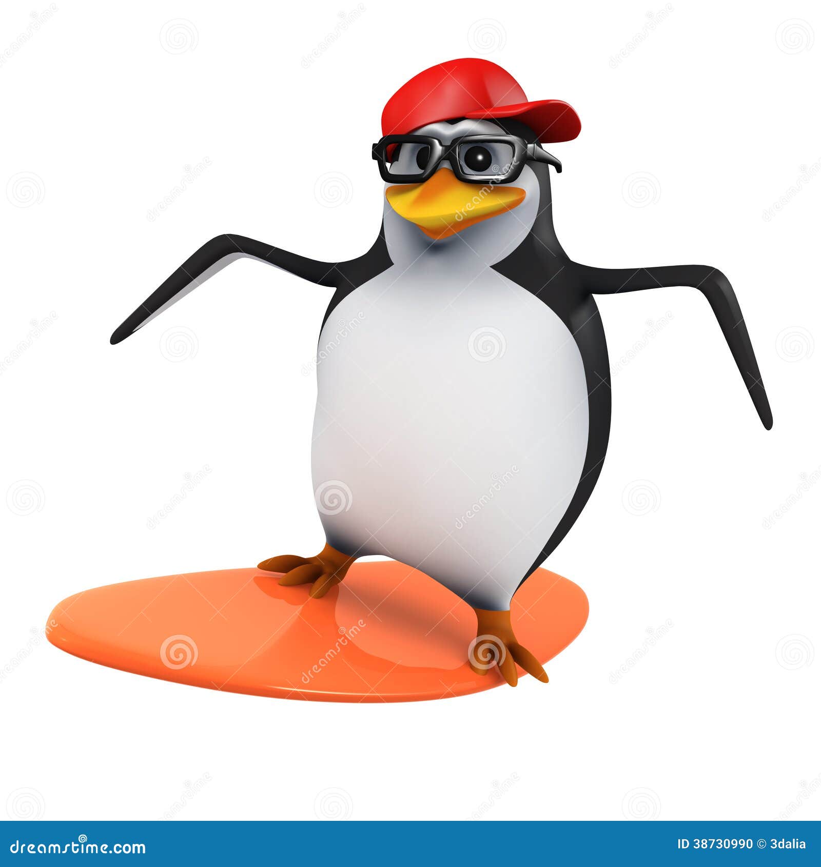 3d Penguin on a surfboard stock illustration. Image of character - 38730990
