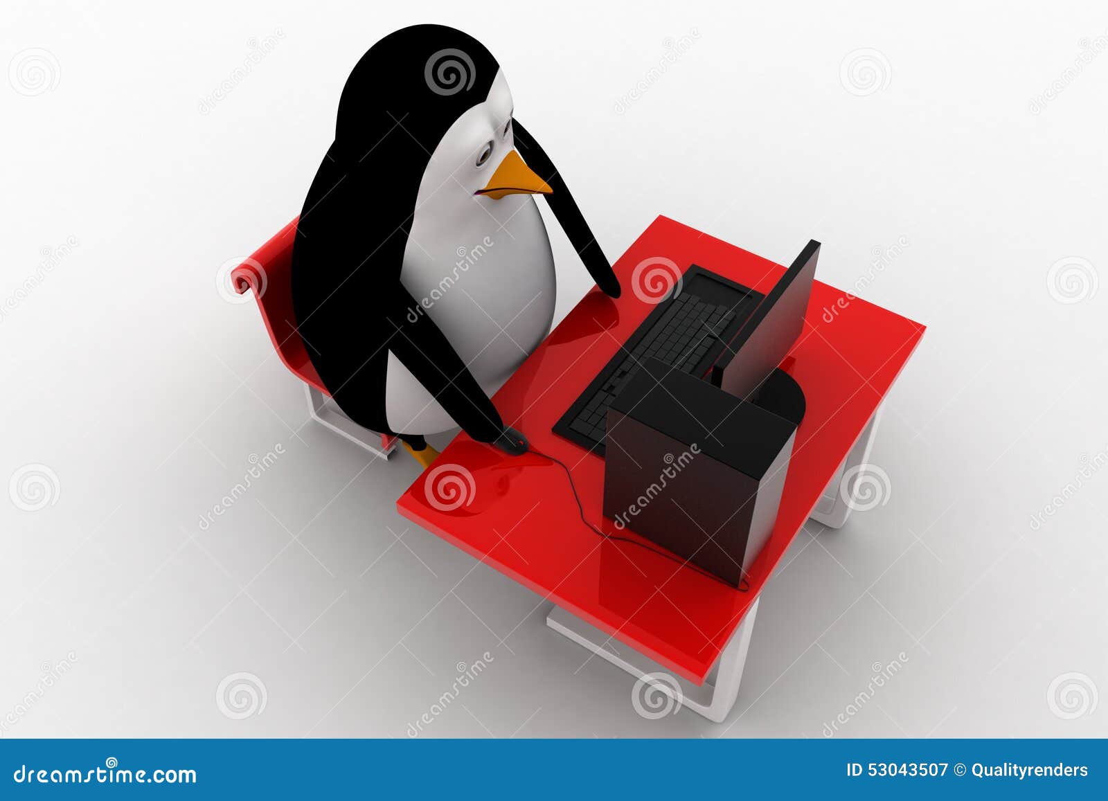 3d Penguin Working on Computer in Office Concept Stock Illustration ...