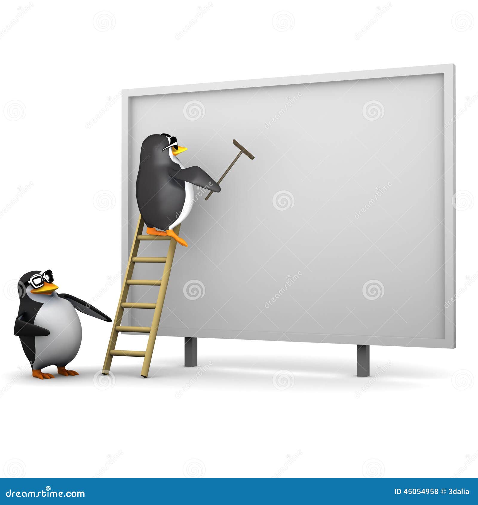 3d Penguins Working on a Blank Advertising Hoarding Stock Illustration ...