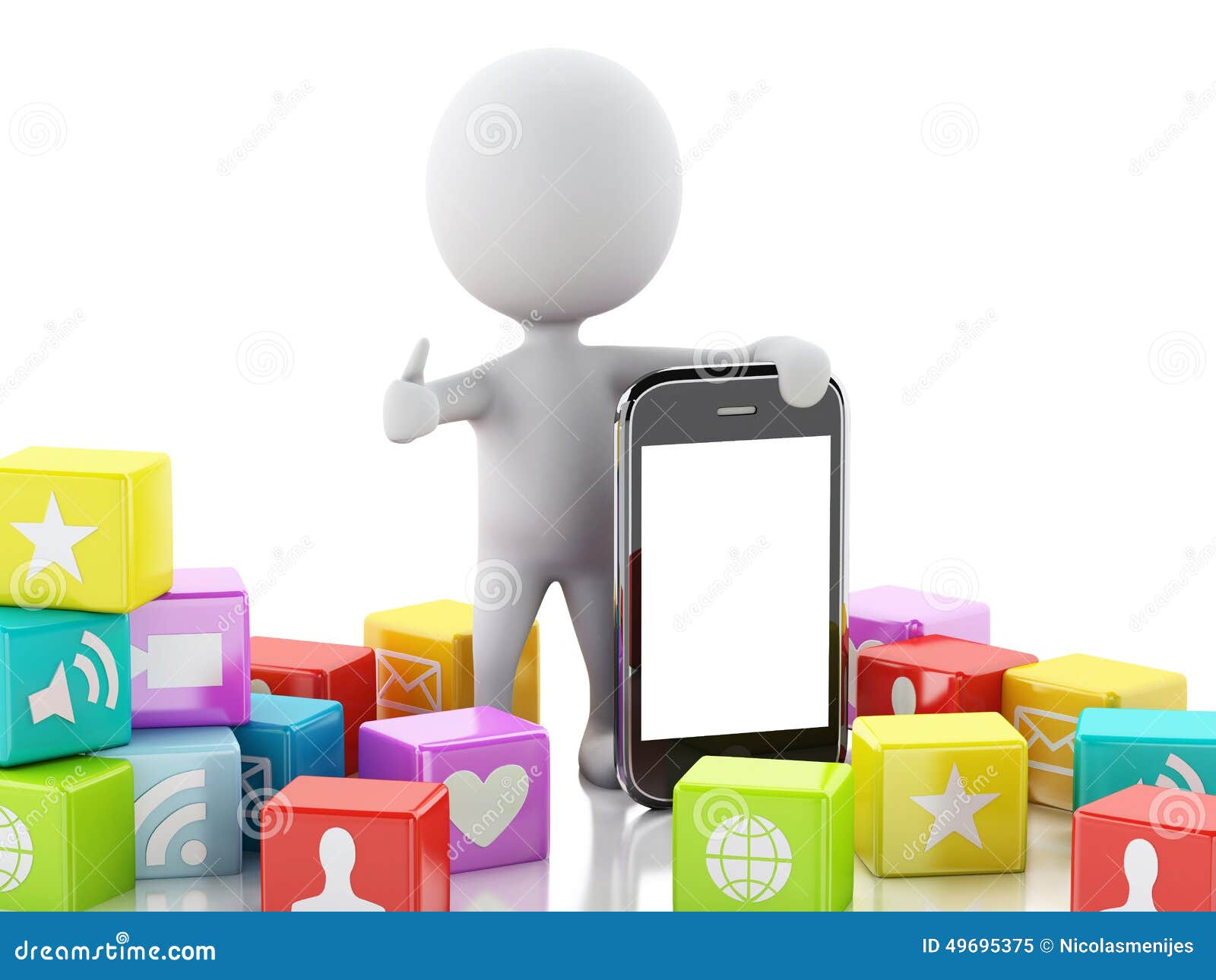 3d People with Mobile Phone and App Icons on White Background. Stock ...