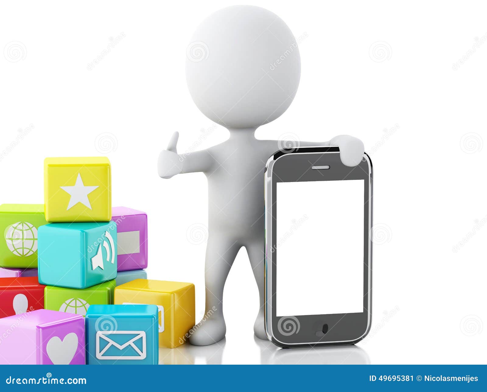 3d People with Mobile Phone and App Icons on White Background. Stock ...