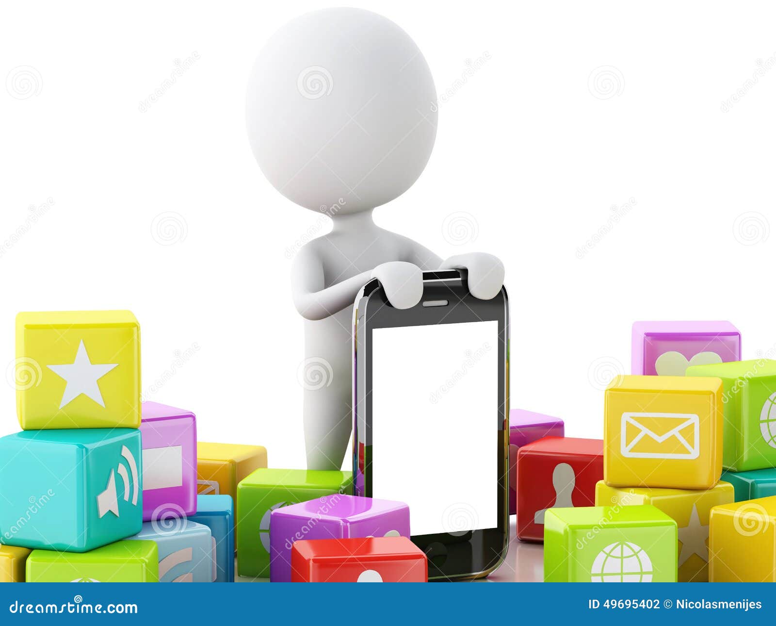 3d People with Mobile Phone and App Icons on White Background. Stock ...