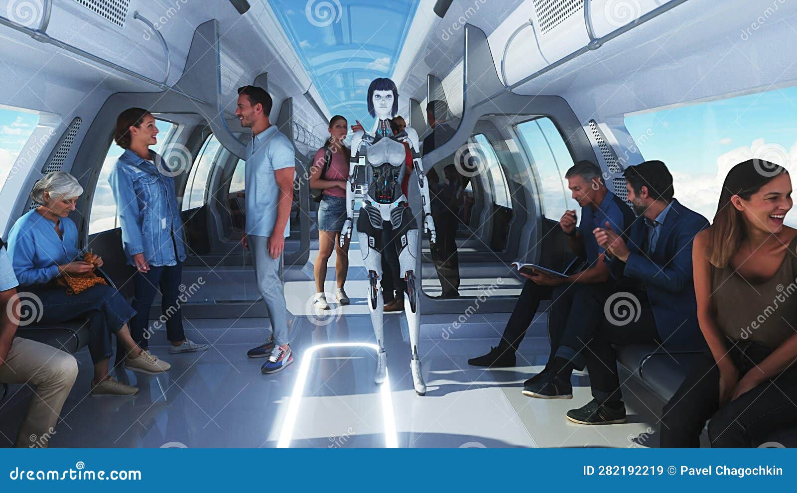 3d People and Robots. Flying Passenger Train in Clouds. Utopia. Concept ...
