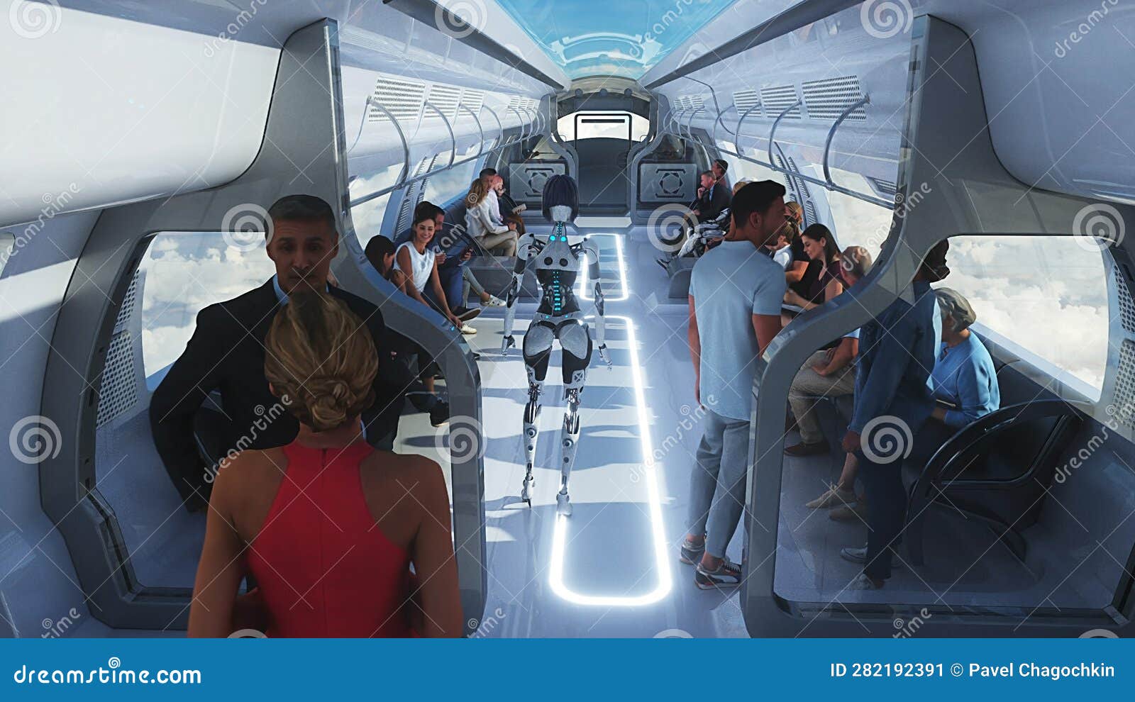 3d People and Robots. Flying Passenger Train in Clouds. Utopia. Concept ...