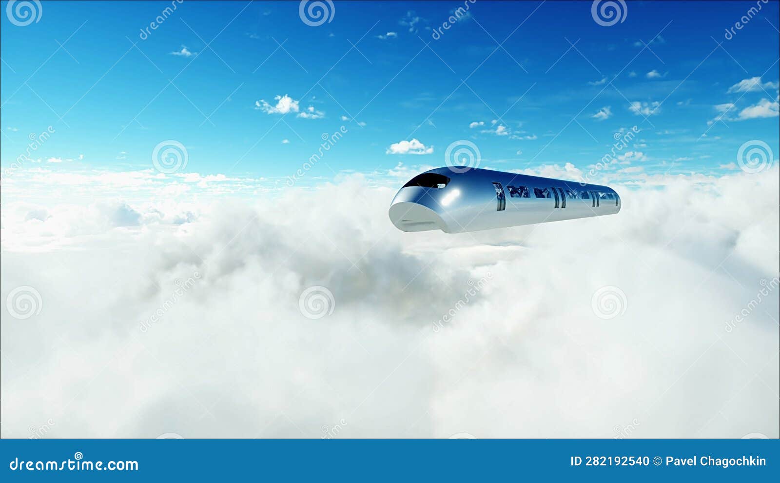 Flying Passenger Train in Clouds. Utopia. Concept of the Future. Aerial ...