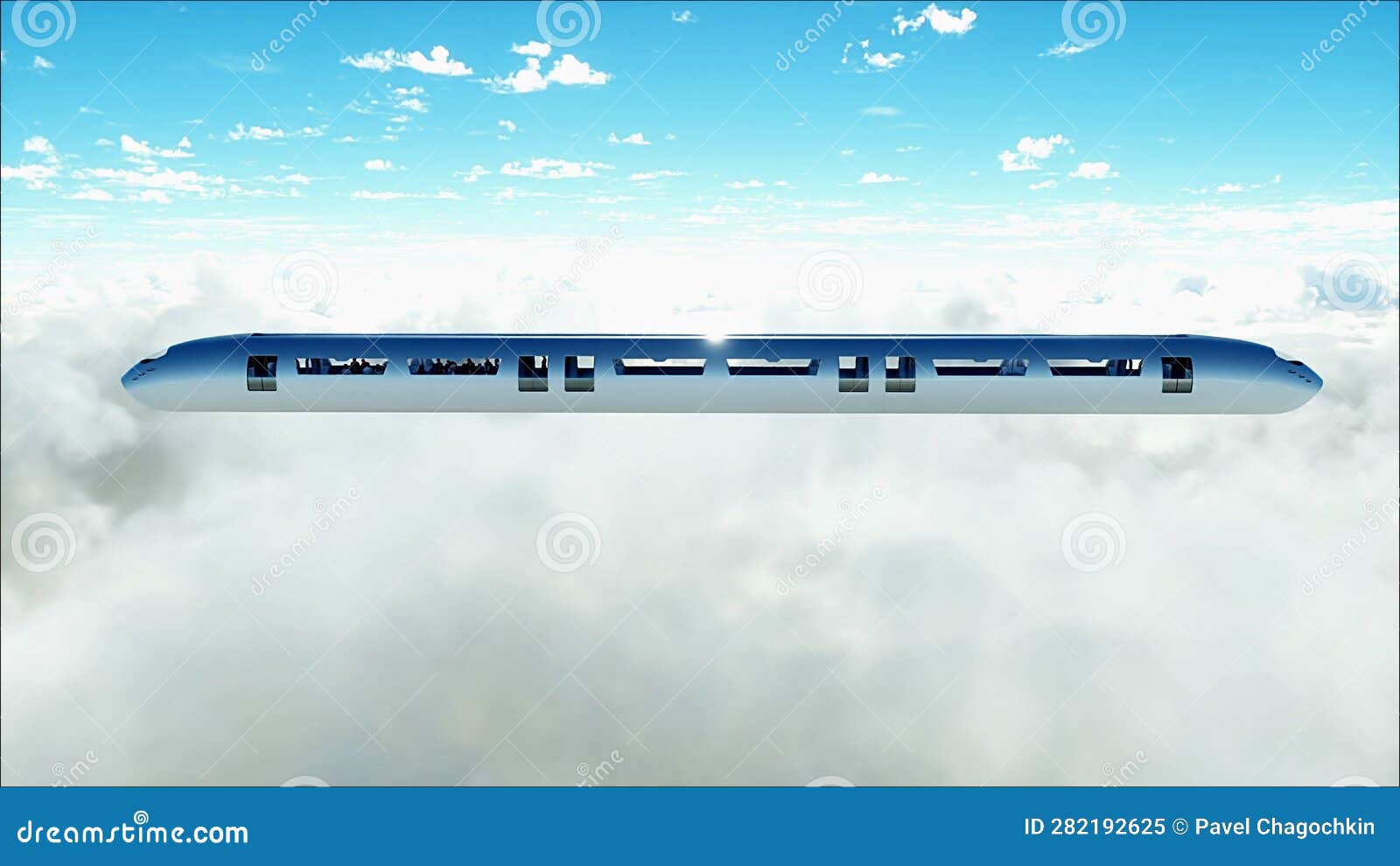 Flying Passenger Train in Clouds. Utopia. Concept of the Future. Aerial ...