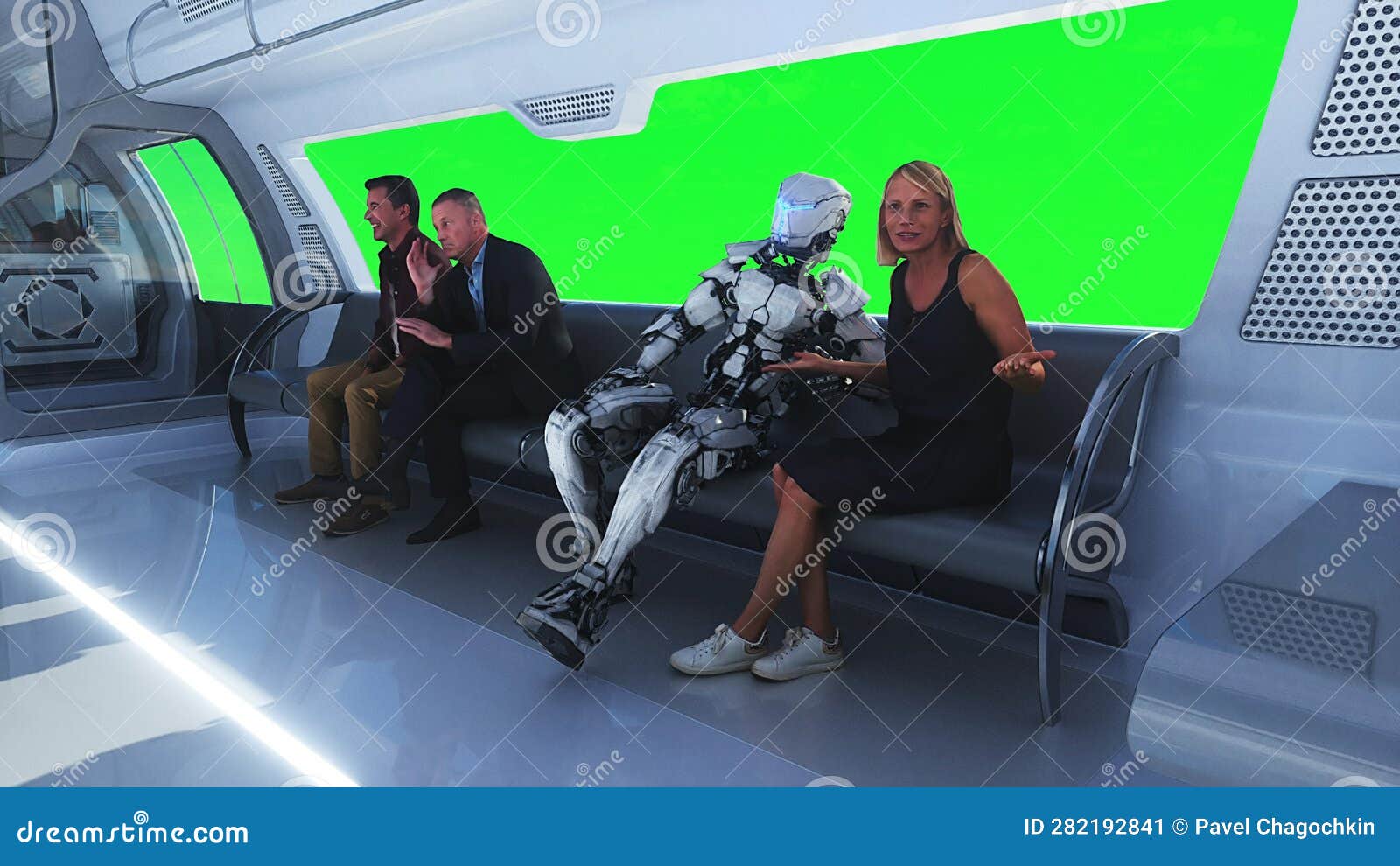 3d People and Robots. Flying Passenger Train. Utopia. Concept of the ...