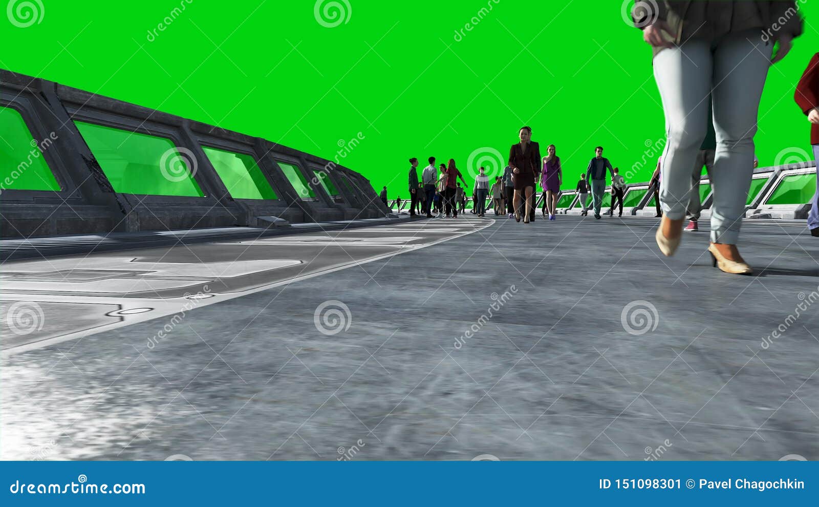 3d People in Sci Fi Tonnel. Traffic. Concept of Future. Green Screen ...