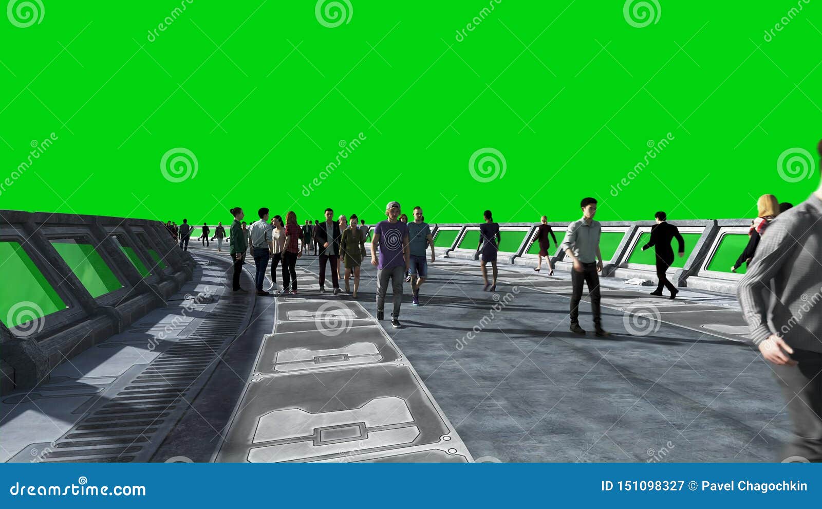 3d People in Sci Fi Tonnel. Traffic. Concept of Future. Green Screen ...