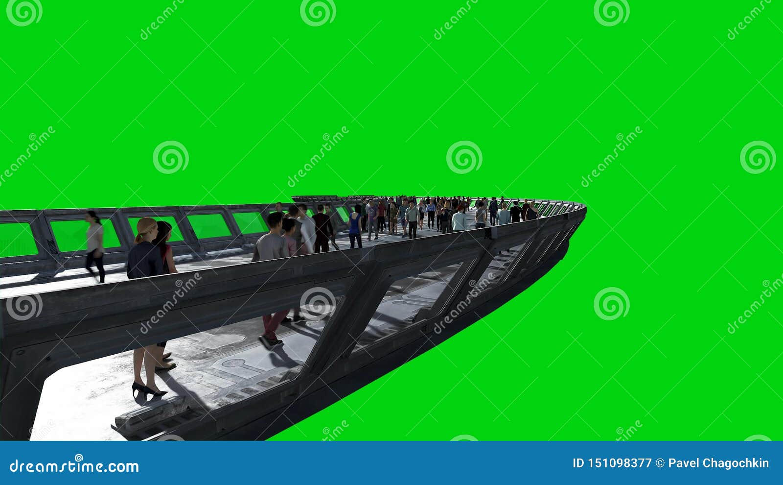3d People in Sci Fi Tonnel. Traffic. Concept of Future. Green Screen ...