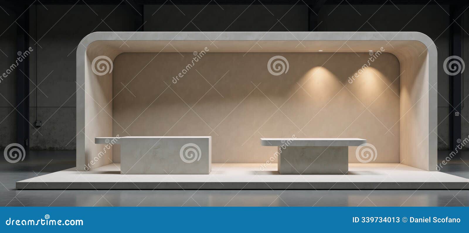 3D Perspective Render Minimalistic Cement Texture Exhibition Booth ...