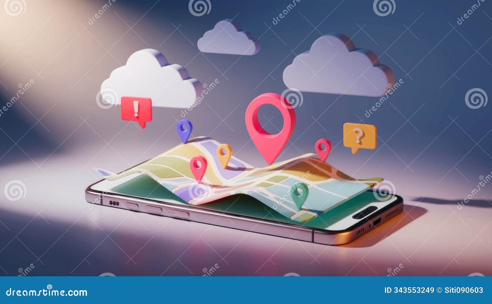 3D Phone Map Navigation App with Pinpoint Locations Cloud Symbols AI ...