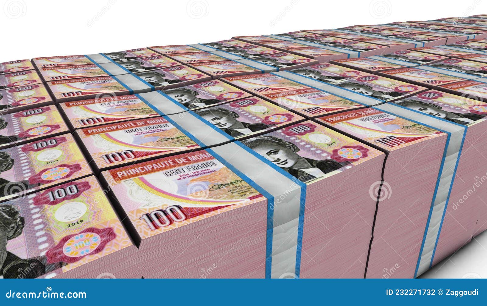 3D Pile of 100 Monaco Francs Money Banknote Stock Illustration ...