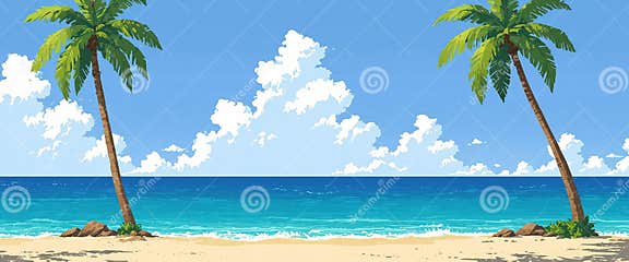 2d Pixel Art of Beach with Blue Sky, Coconut Tree, Game Art, 16 Bits ...