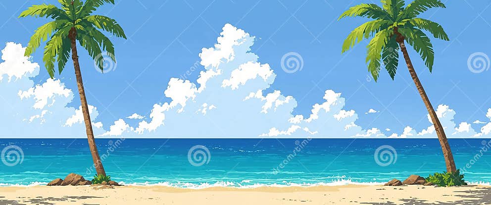 2d Pixel Art of Beach with Blue Sky, Coconut Tree, Game Art, 16 Bits ...