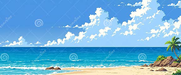 2d Pixel Art of Beach with Blue Sky, Game Art, 16 Bits, 32 Bits. Stock ...
