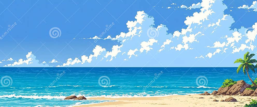 2d Pixel Art of Beach with Blue Sky, Game Art, 16 Bits, 32 Bits. Stock ...