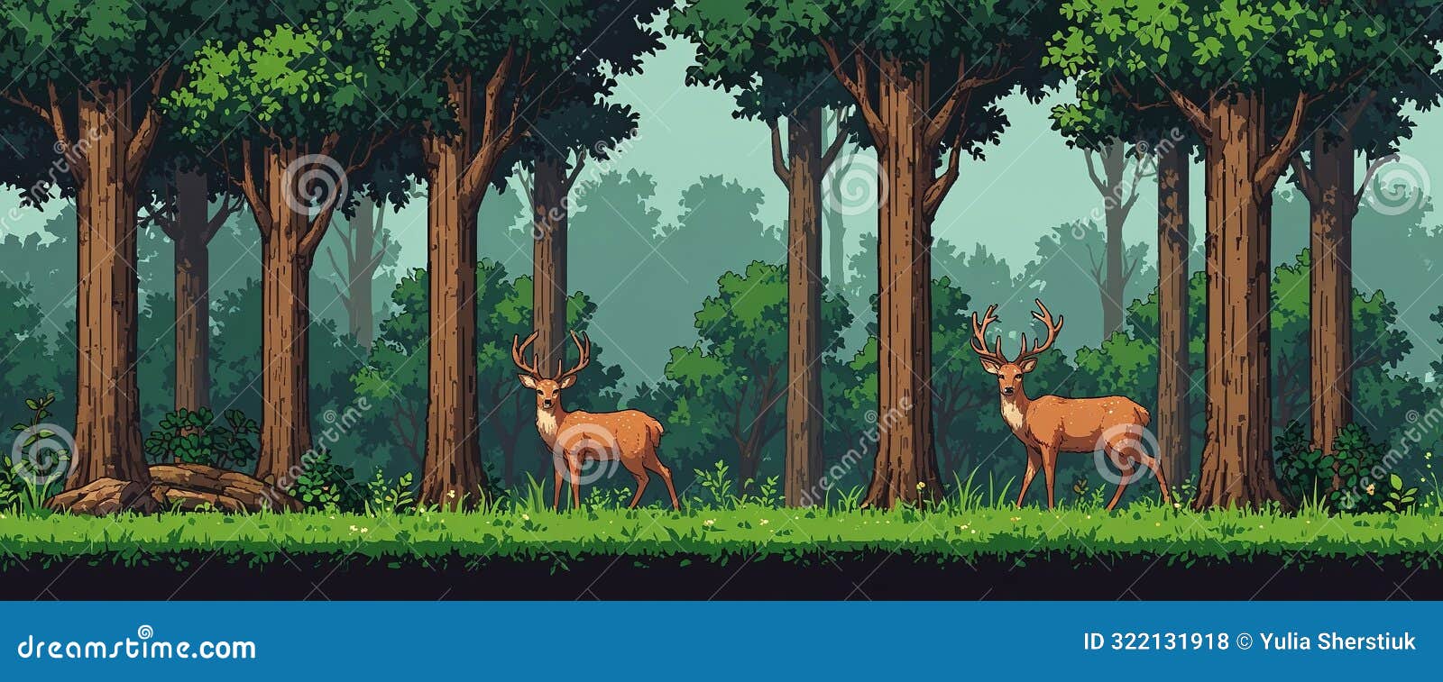 2d Pixel Art Of Forest With Deer, Game Art, 16 Bits, 32 Bits. Stock ...