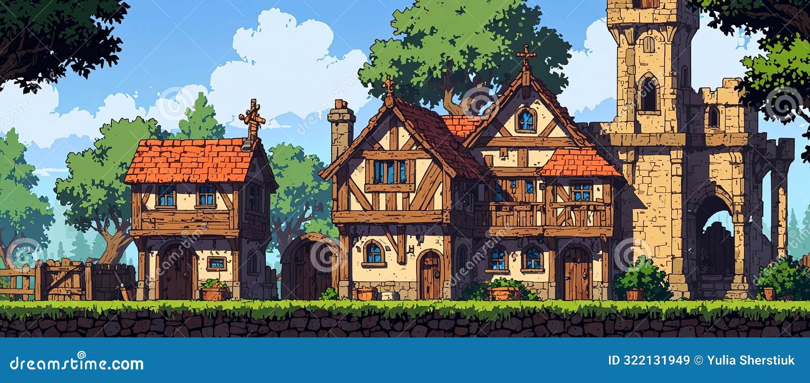 2d Pixel Art Of Medieval Town, Medieval Town, Game Art, 16 Bits, 32bits ...