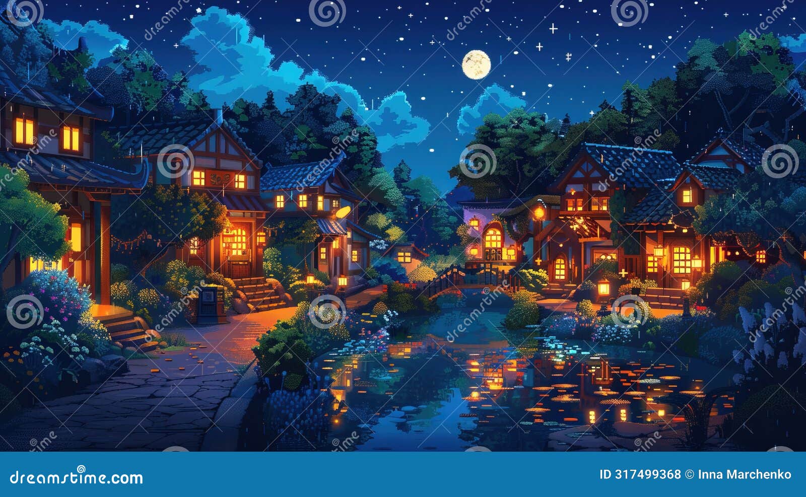 2d Pixel Art of Night Village Stock Illustration - Illustration of ...