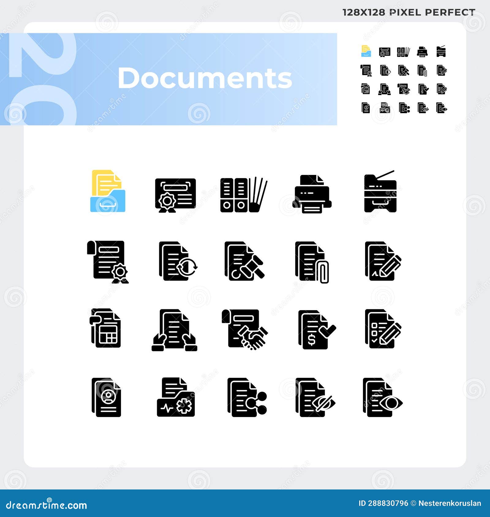 2D Pixel Perfect Glyph Style Document Icons Set Stock Illustration ...