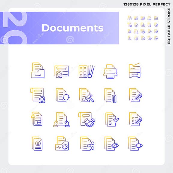 2D Pixel Perfect Gradient Document Icons Set Stock Vector ...