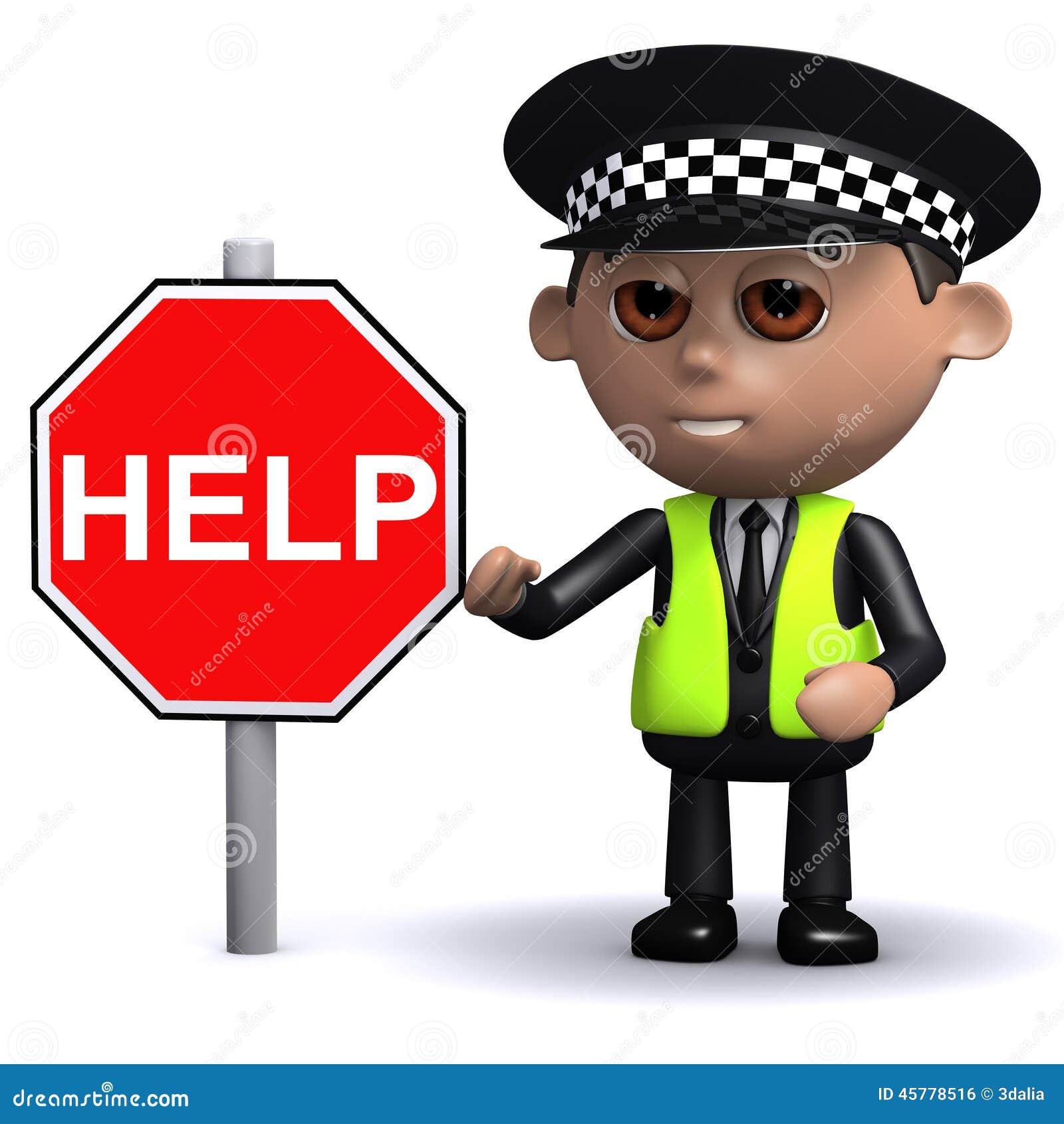 3d Police Officer with Help Sign Stock Illustration - Illustration of ...