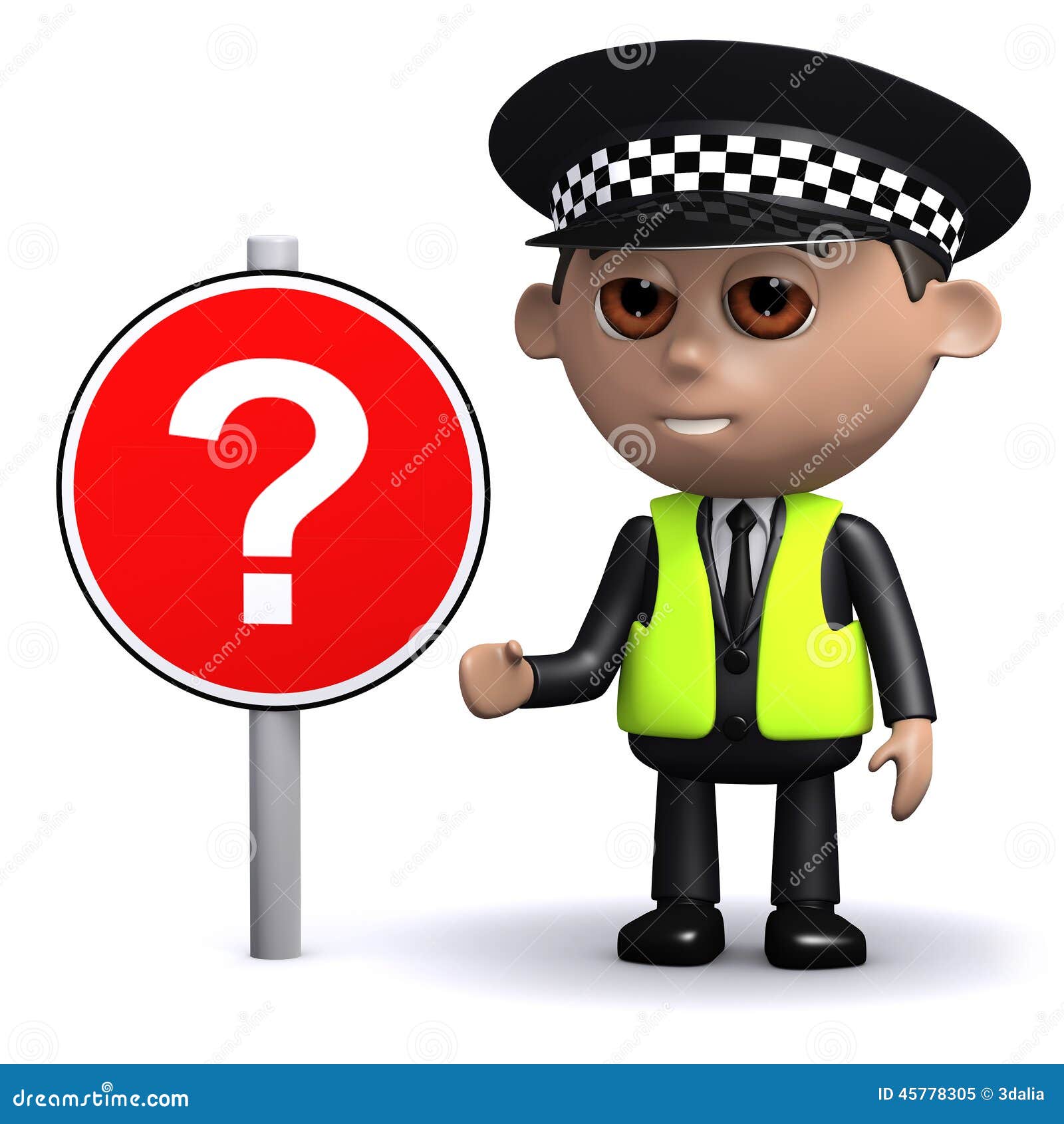 3d Police Officer with Question Mark Road Sign Stock Illustration ...