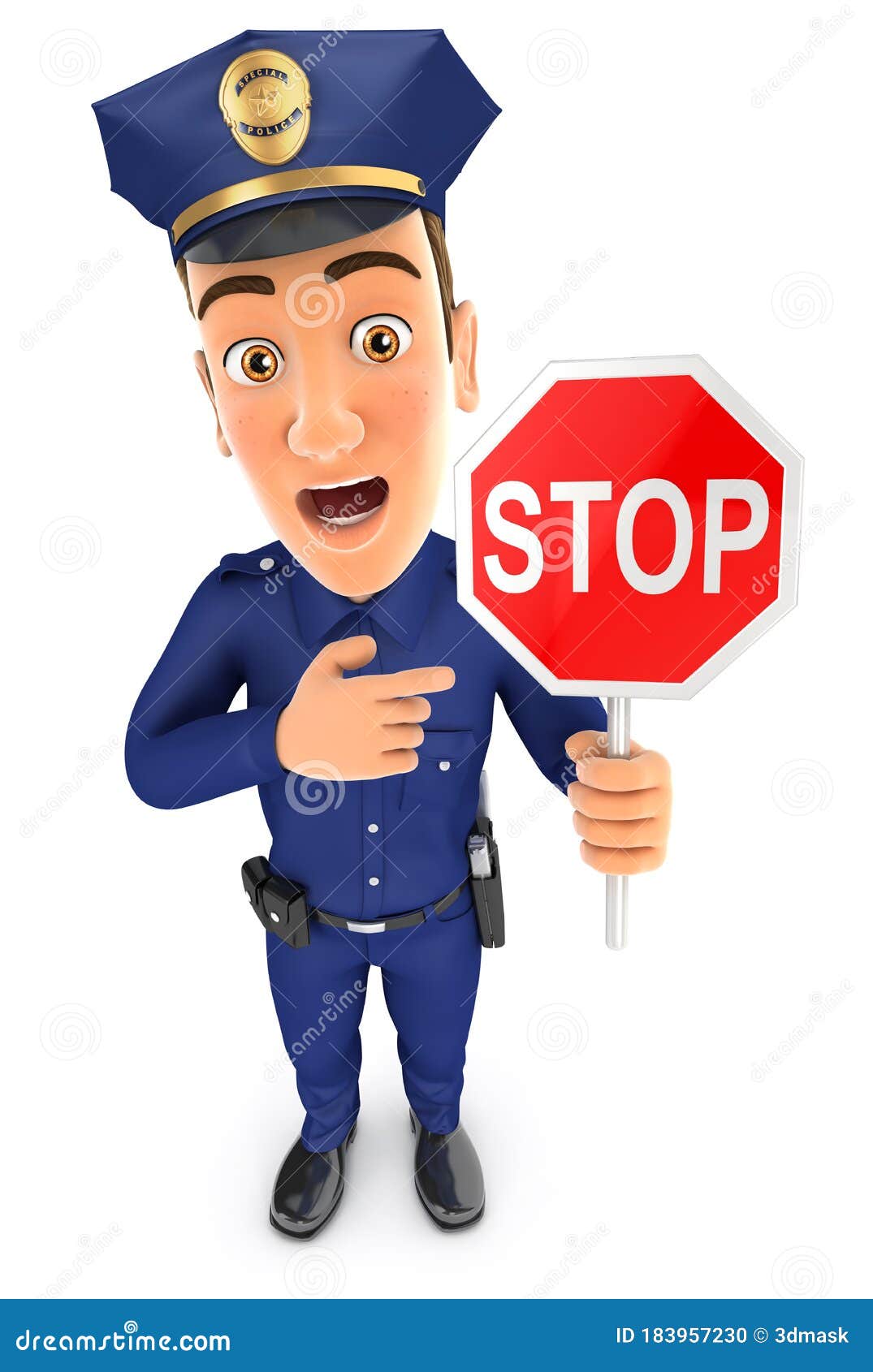 3d Policeman Holding Stop Sign Stock Illustration - Illustration of ...