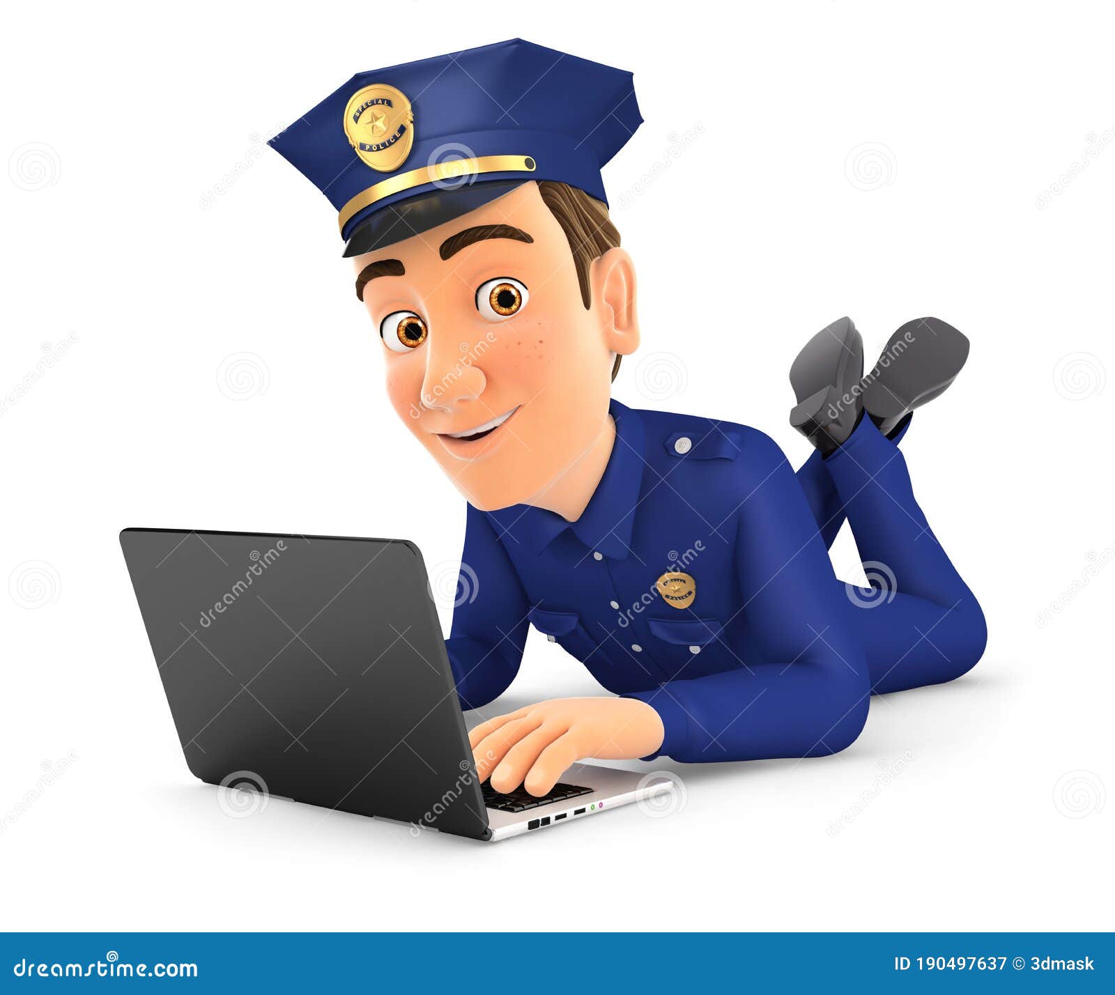 3d Policeman Lying on the Floor and Using Laptop Stock Illustration ...