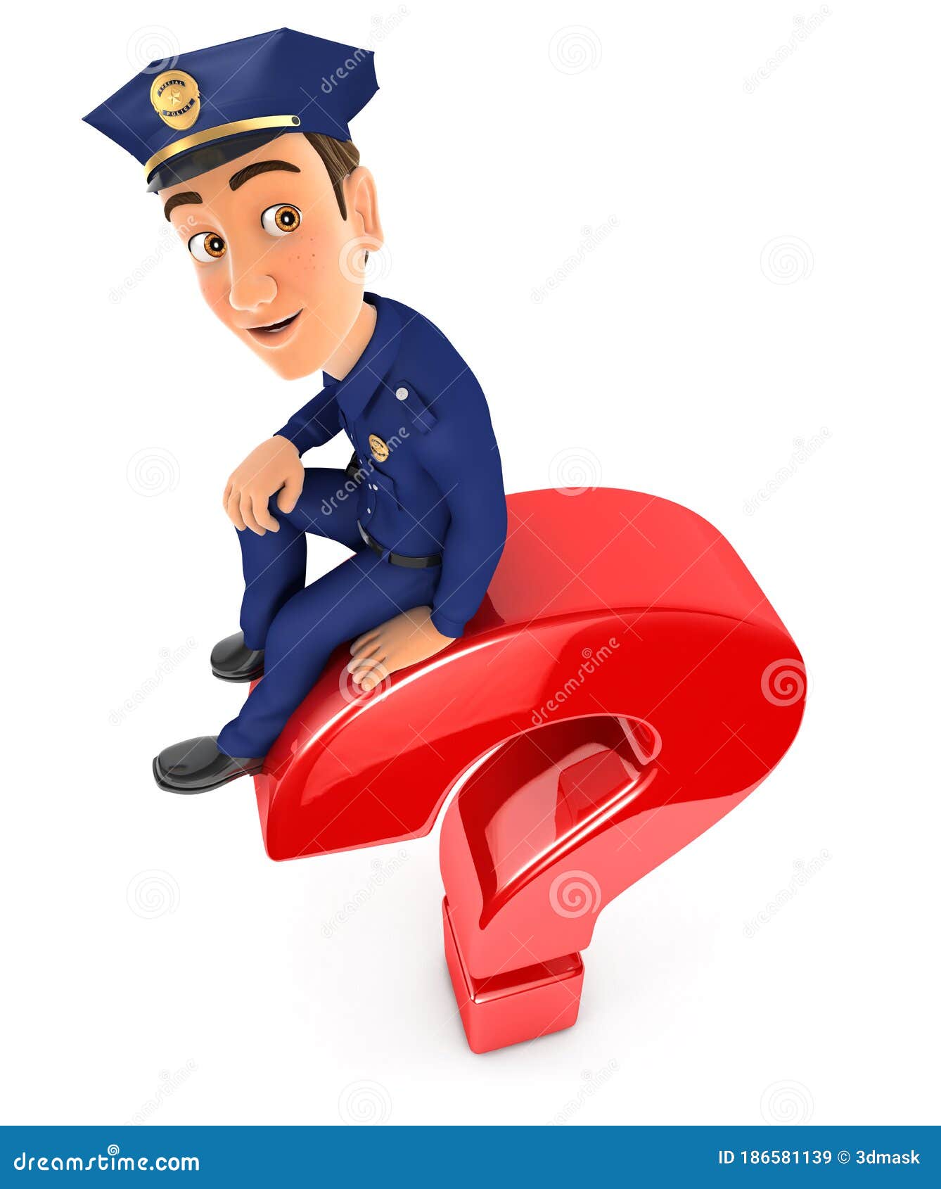3d Policeman Sitting on Top of Question Mark Stock Illustration ...