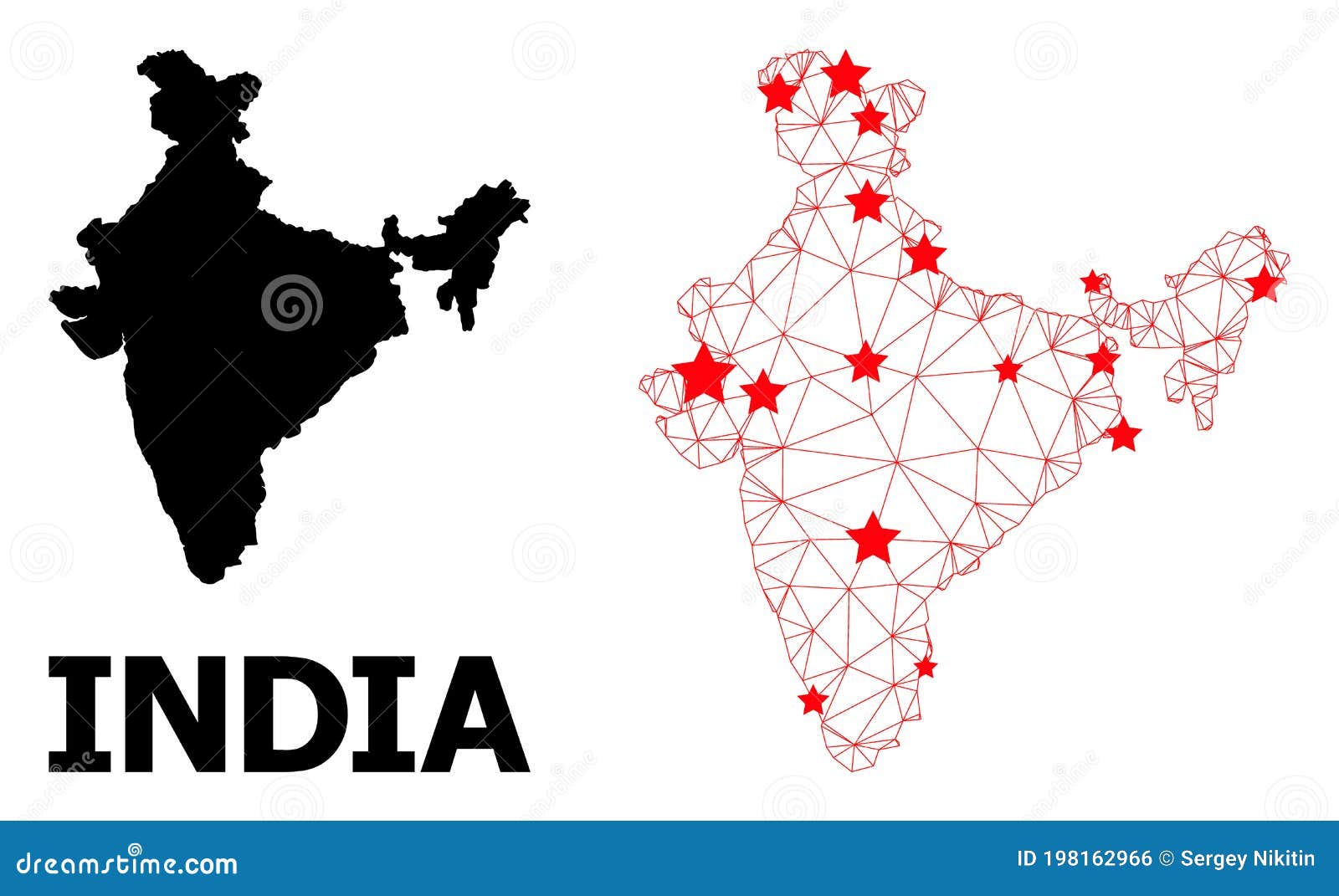 2D Polygonal Map of India with Red Stars Stock Vector - Illustration of ...