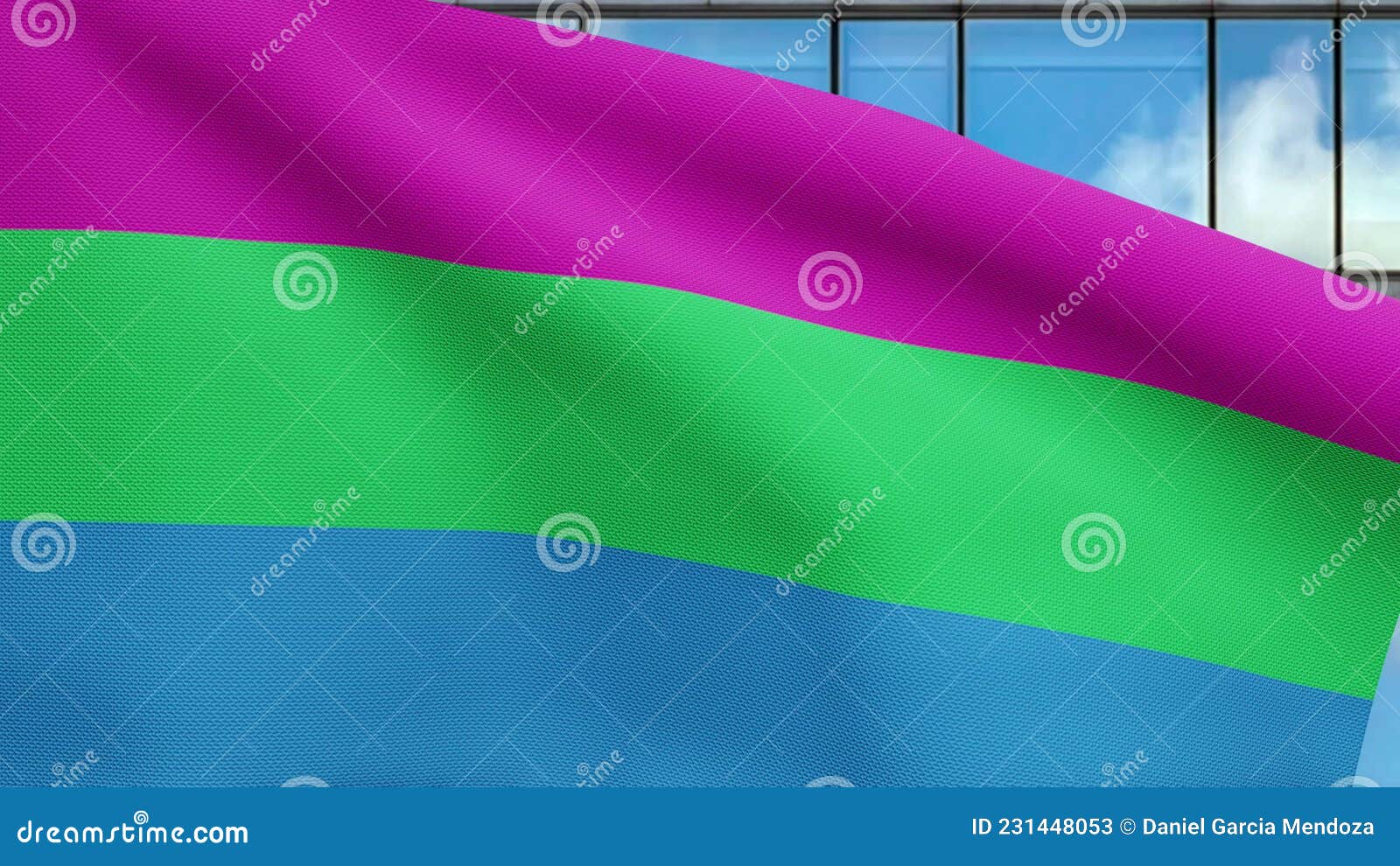3d Polysexuality Flag Waving At Modern City Polysexual Banner Blowing