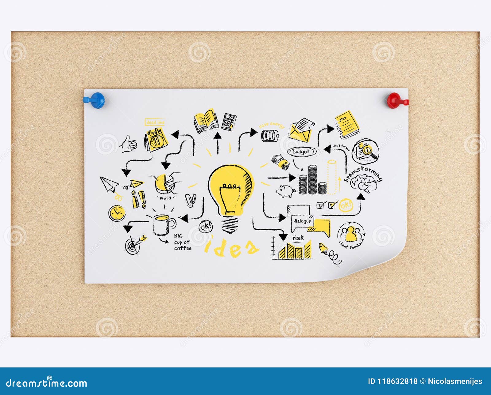3d Post-it Notes with Idea Sketch Over Cork Board Stock Illustration ...